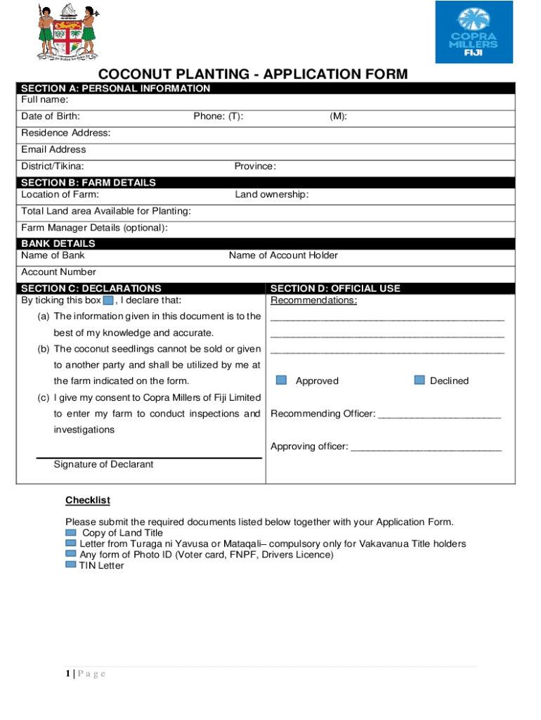 Fillable Online COCONUT PLANTING - APPLICATION ... - Fiji Coconut ...