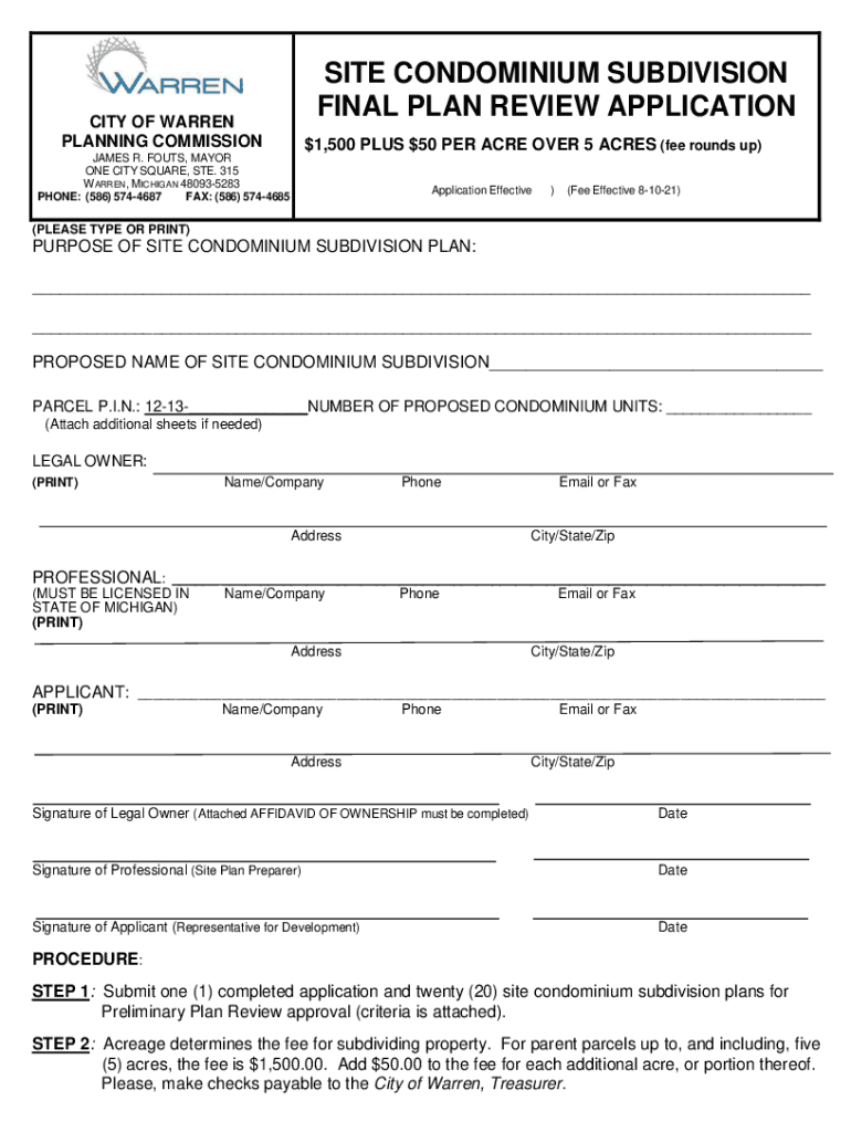 Fillable Online SITE CONDOMINIUM SUBDIVISION FINAL PLAN REVIEW ... Fax ...