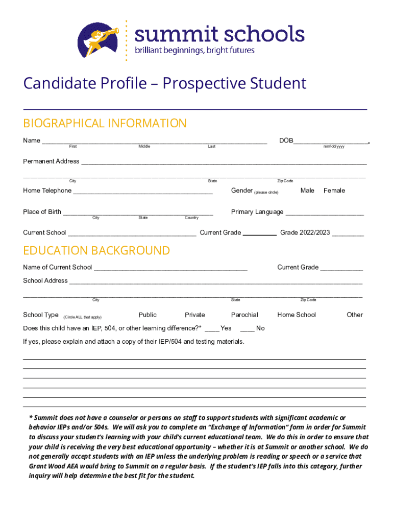 Fillable Online Candidate Profile for New Students/Siblings Fax Email Print - pdfFiller