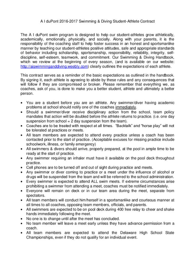Fillable Online AI duPont Swimming & Diving Student-Athlete Contract ...