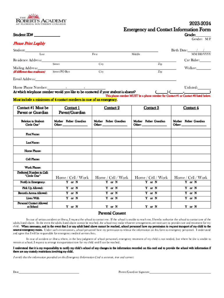 Fillable Online 2023-2024 Emergency and Contact Information Form Fax ...