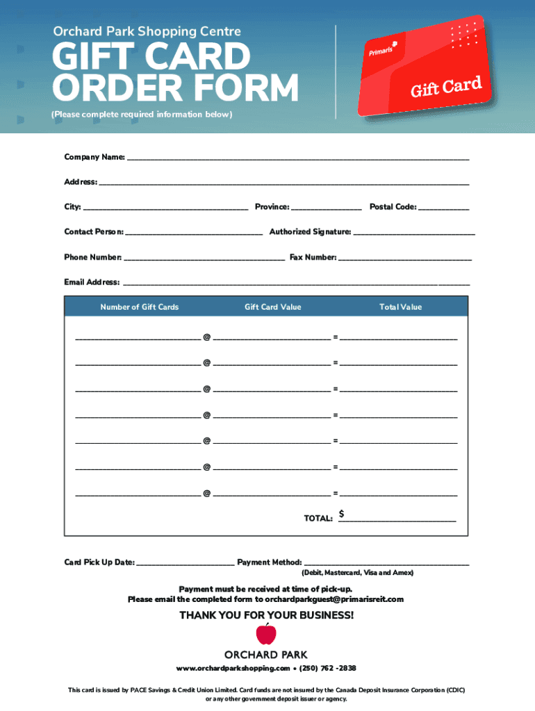 Fillable Online Orchard Park Corporate Gift card order form Fax Email ...