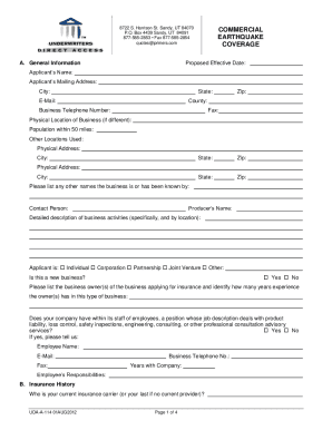 Fillable Online COMMERCIAL EARTHQUAKE COVERAGE Fax Email Print - pdfFiller