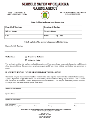 Fillable Online Date of Self-Barring: Duration of Barring: Subject Name ...