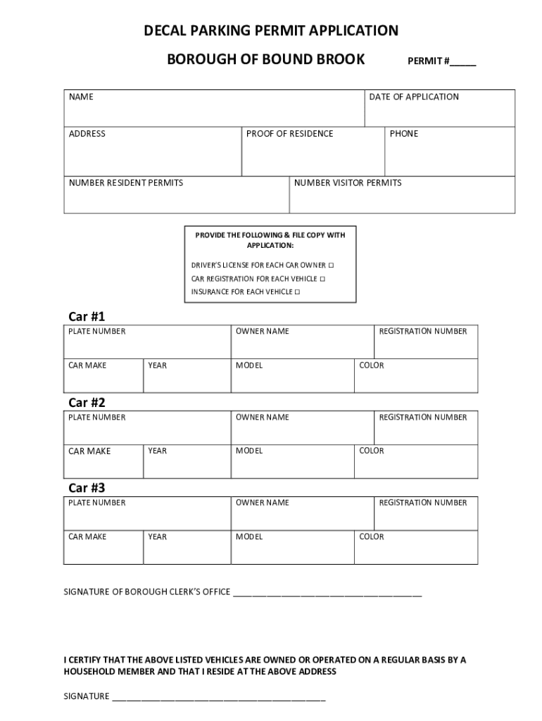 Fillable Online Decal Parking Permit Application (Resident Parking ...