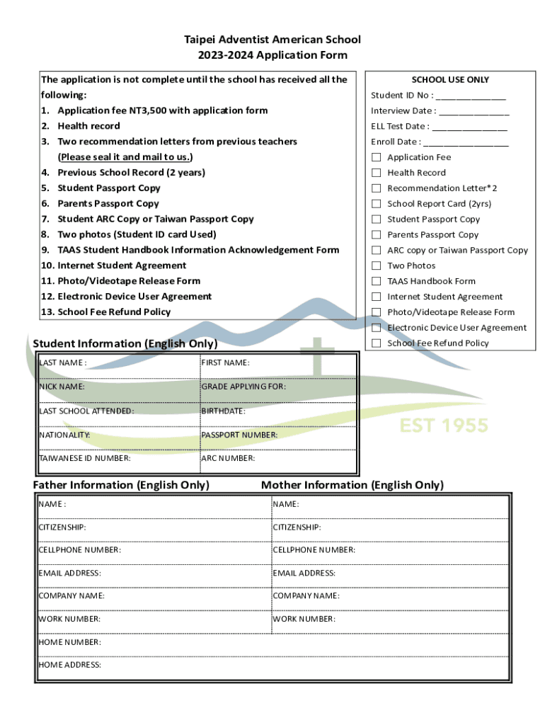 Fillable Online 2023-2024 Application Form Student Information (English ...