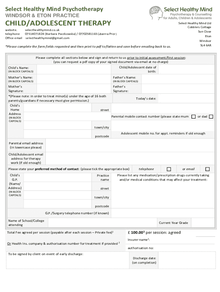 Fillable Online Client Therapist Contract for Children and Adolescents ...