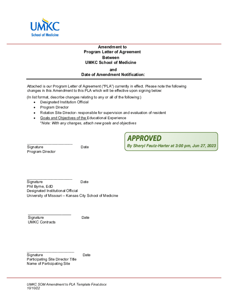 Fillable Online med umkc Amendment to Program Letter of Agreement Between UMKC ... Fax Email ...