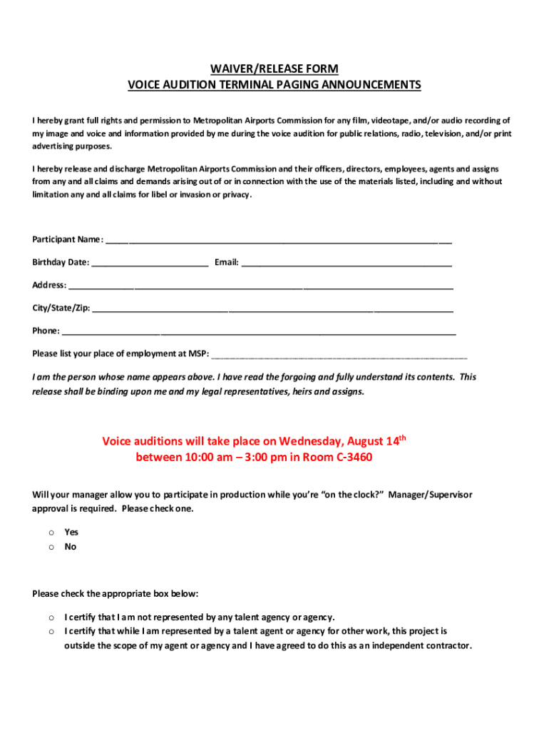 Fillable Online waiver/release form voice audition terminal paging ...