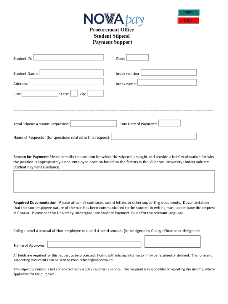 Fillable Online www1 villanova 1) Give the full name, position, and stipend amount Fax Email ...