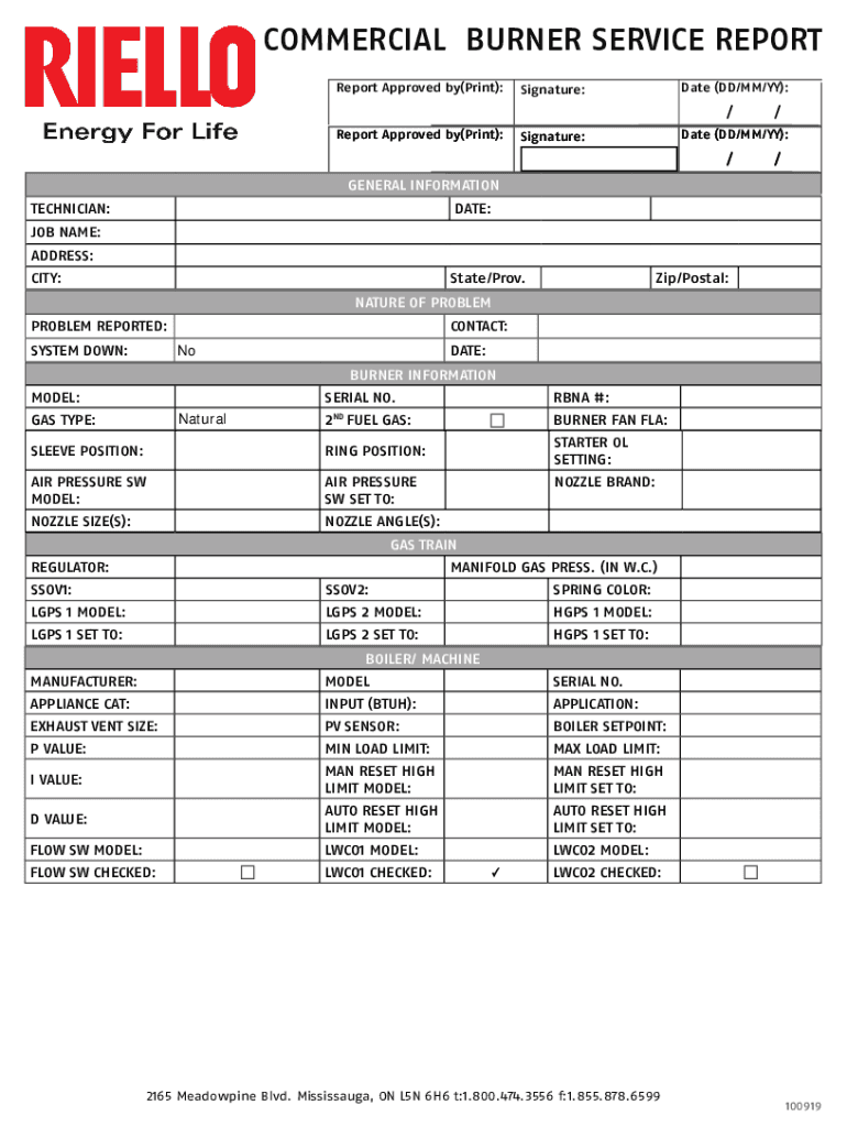 Commercial Burner Service Report - Blank Fillable Template | Fill Out ...