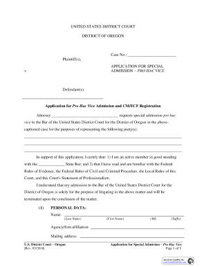Fillable Online Application for Pro Hac Vice Admission Fax Email Print ...