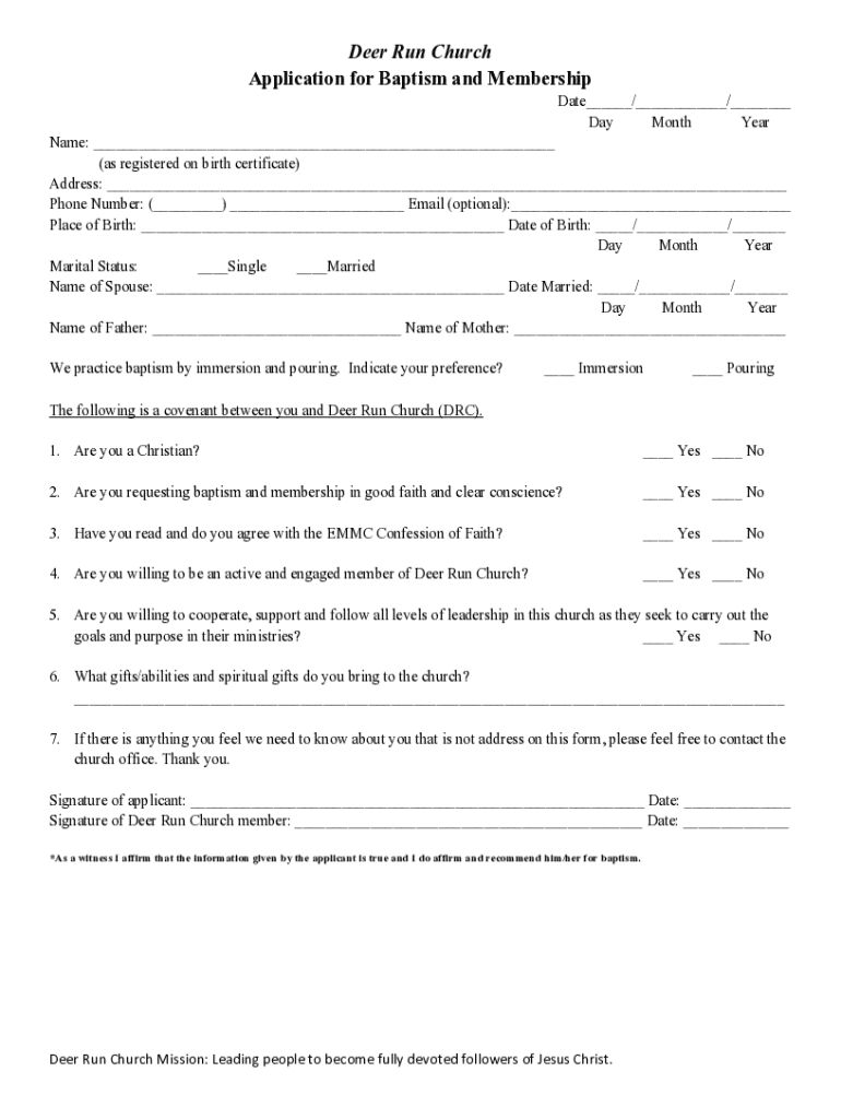 Fillable Online Deer Run Church Application for Baptism and Membership ...