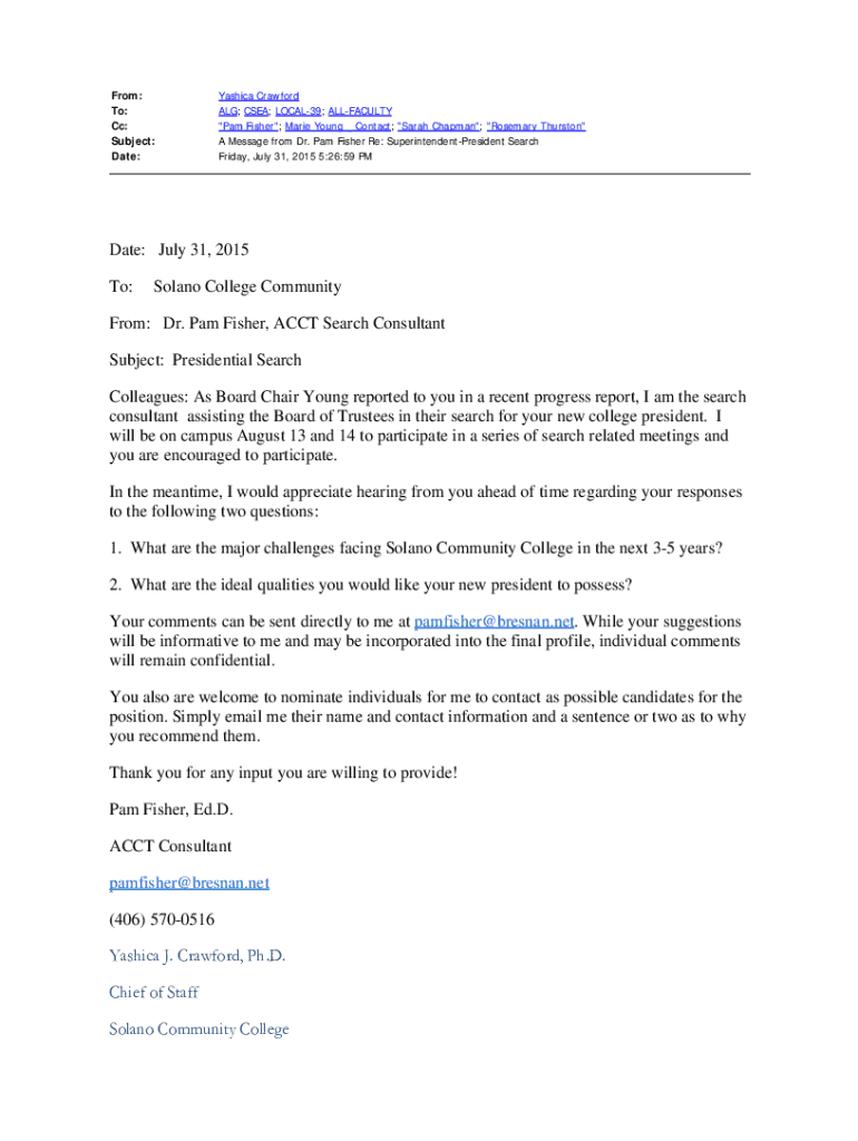 Fillable Online Solano College Community From: Dr. Pam Fisher, ACCT ... Fax Email Print - pdfFiller
