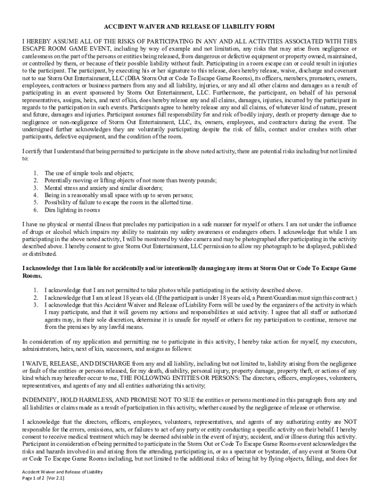 Fillable Online Accident Waiver & Release of Liability Form - SoCo ...