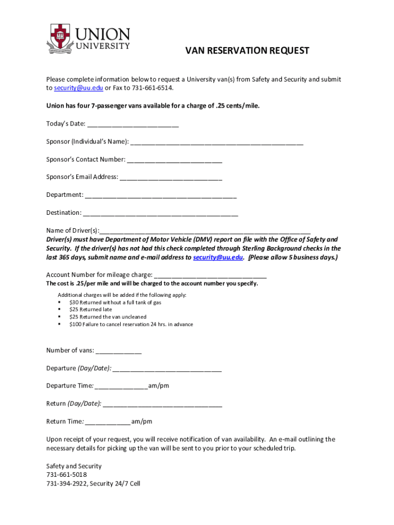 Fillable Online Van Reservation Policy and Request Form Fax Email Print ...