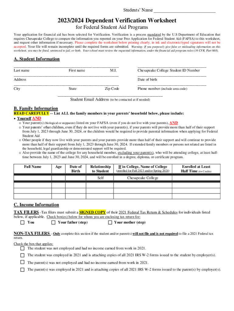 Fillable Online 2023-2024 Dependent Verification Worksheet for Federal Student Aid Programs Fax ...