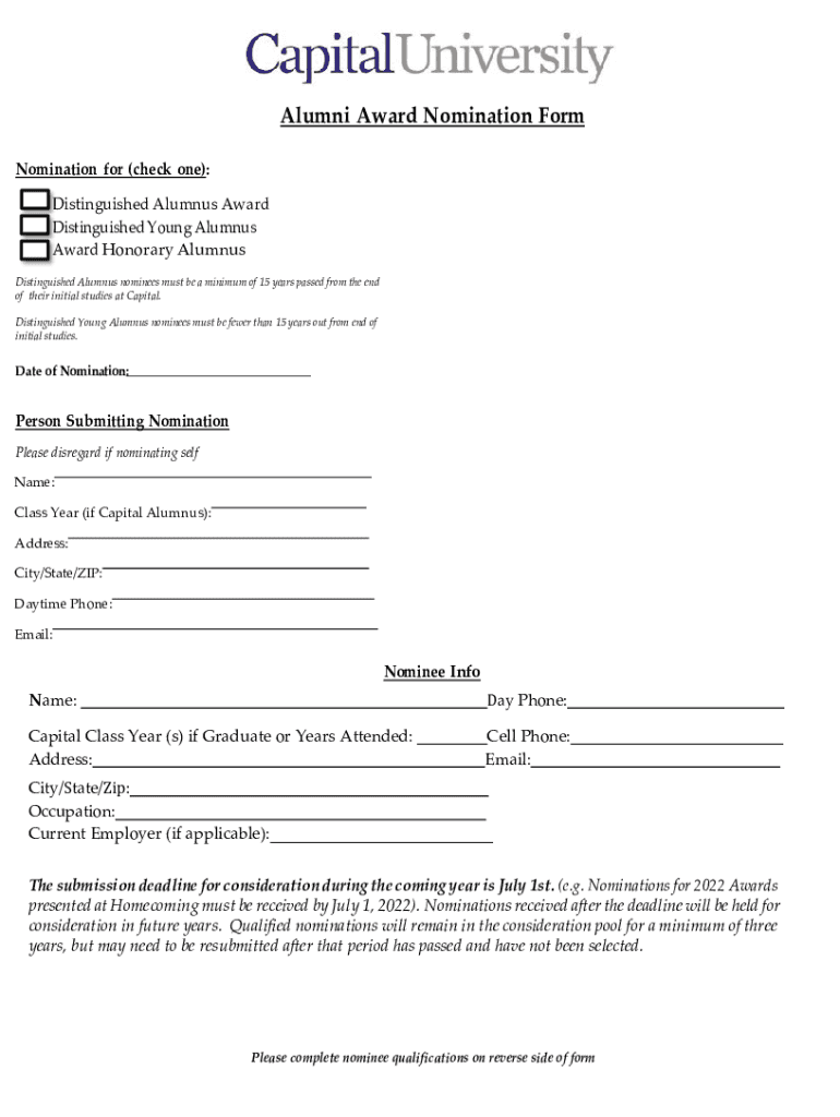 Fillable Online Alumni Award Nomination Form - Capital University Fax Email Print - pdfFiller