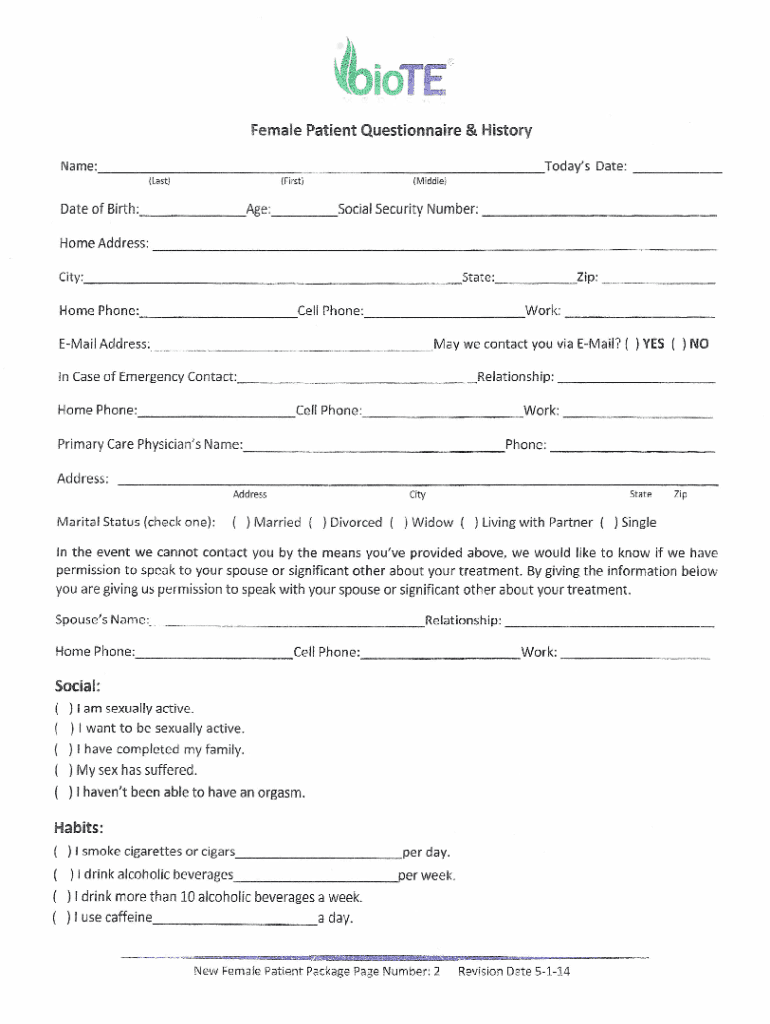 Fillable Online Women's Health Questionnaire for New Patient and for ...