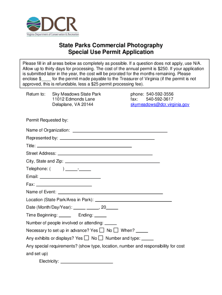 Fillable Online Sky Meadows State Park Commercial Photography Permit ...