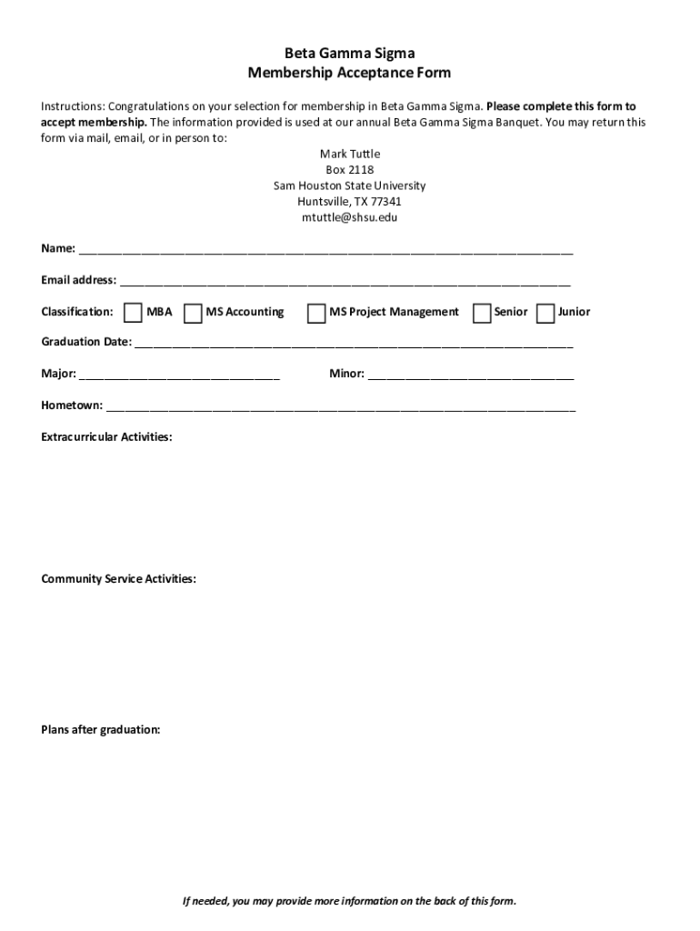 Fillable Online Beta Gamma Sigma Membership Acceptance Form Fax Email ...