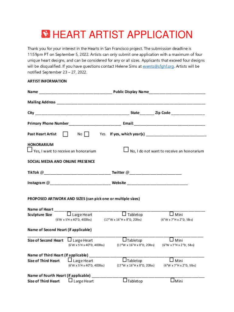 Fillable Online 2024 Heart Artist Application - San Francisco ... Fax ...
