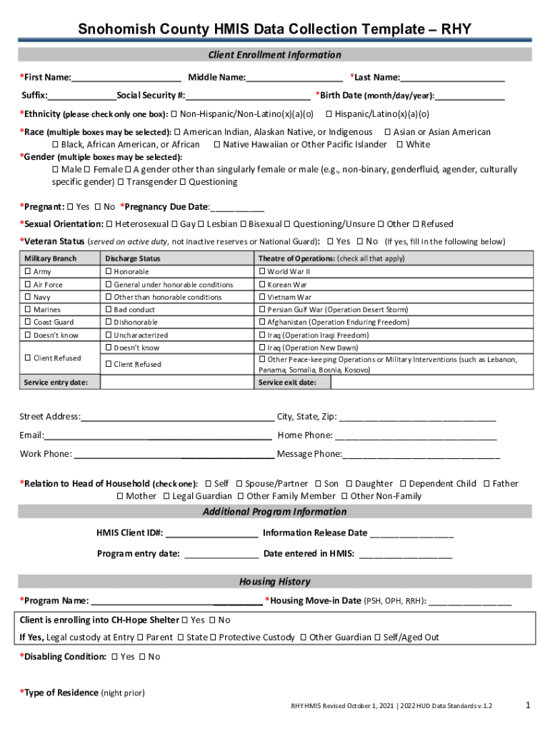 Fillable Online Snohomish County HMIS Data Collection TemplateRHY Fax ...