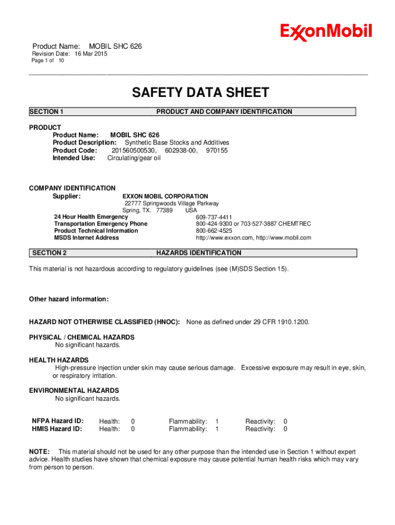 Fillable Online SDS - Mobil SHC 626 Safety Data Sheet. View Mobil SHC ...