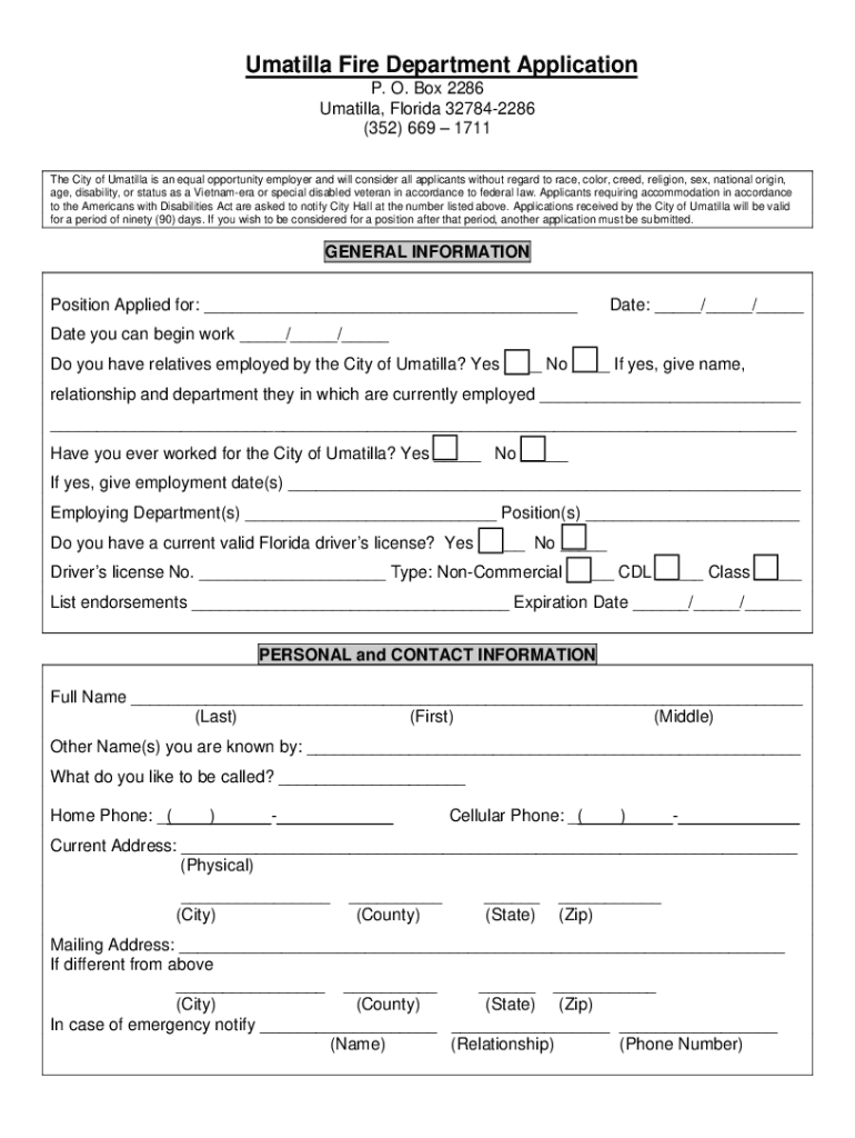 Fillable Online Umatilla Fire Department Application Fax Email Print - pdfFiller