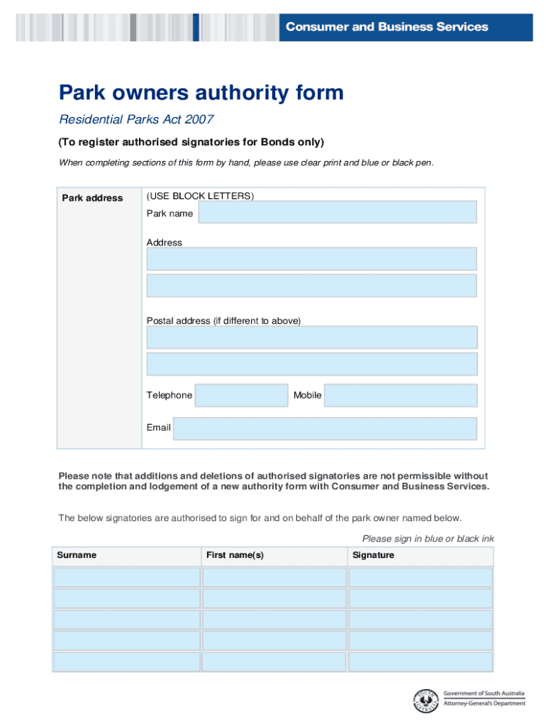 Fillable Online Park owner's authority form. Register authorised ...