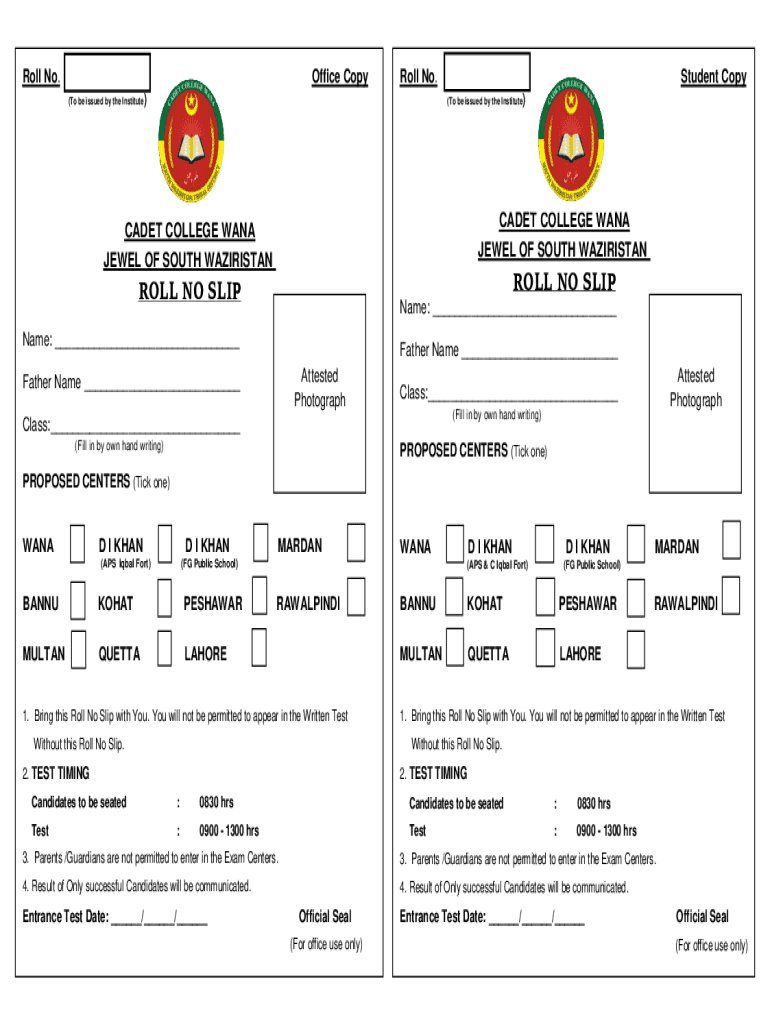 Fillable Online ROLL NO SLIP ROLL NO SLIP Fax Email Print - pdfFiller
