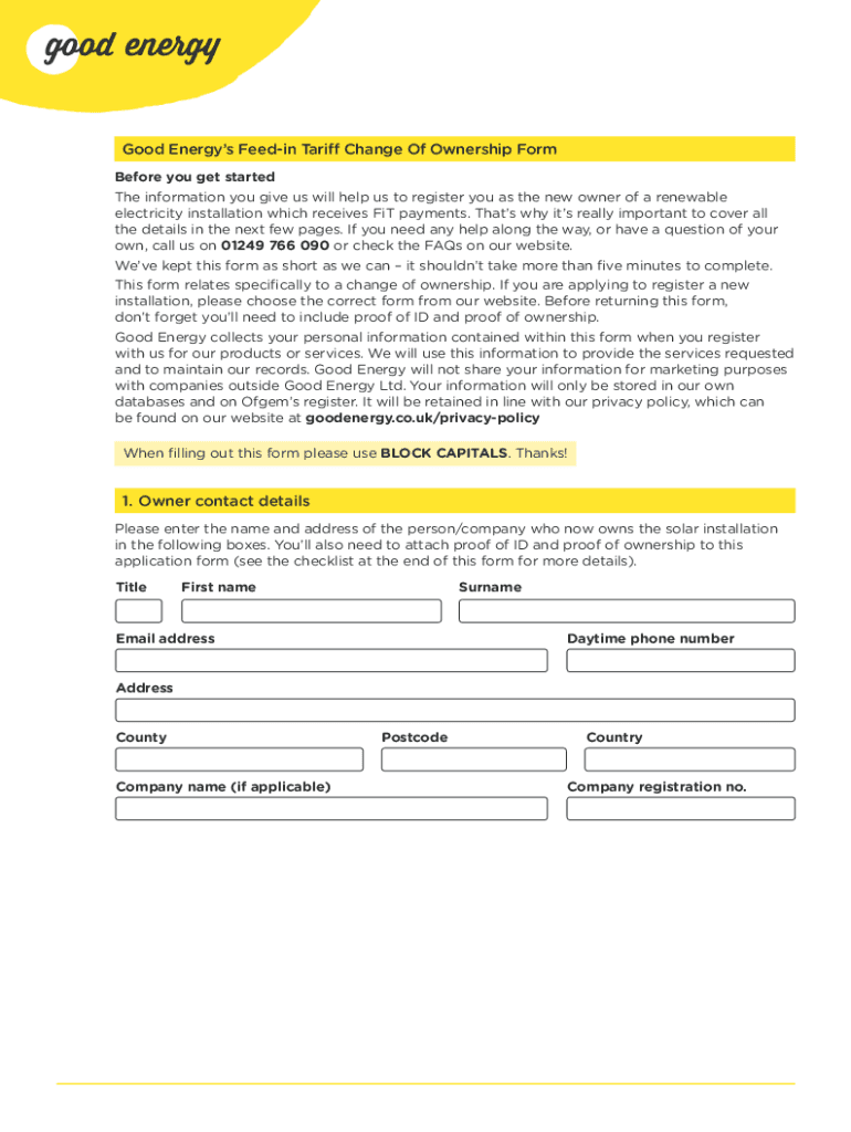 Fillable Online Feed in Tariff: Change of Ownership Form - Move In Fax Email Print - pdfFiller