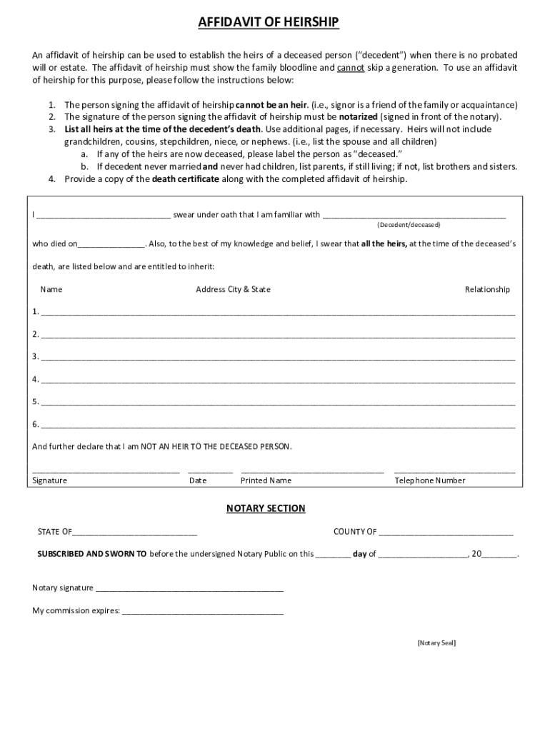 Fillable Online An affidavit of heirship can be used to establish the ...