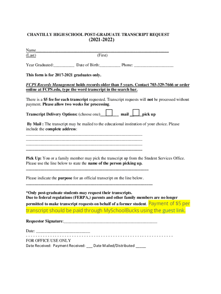 Fillable Online Transcript Request Form Chantilly High School 2019-2023 ...