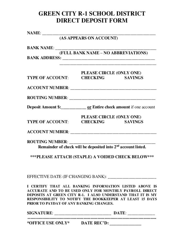 Fillable Online green city r-1 school district direct deposit form Fax ...