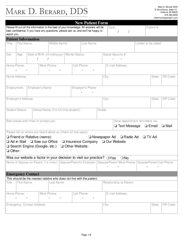 Fillable Online Mark D. Berard, DDS New Patient Forms. Mark D. Berard ...