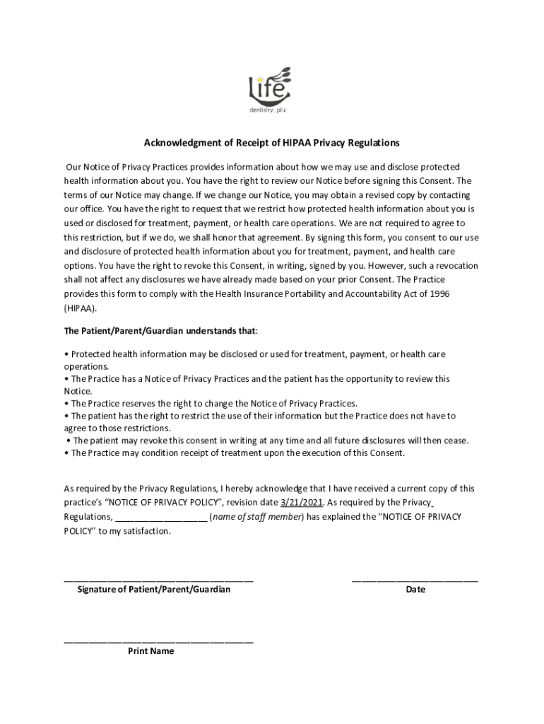 Fillable Online Acknowledgment of Receipt of HIPAA Privacy Regulations ...