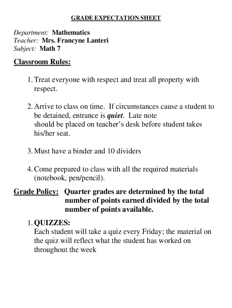 Fillable Online GRADE EXPECTATION SHEET Fax Email Print - pdfFiller