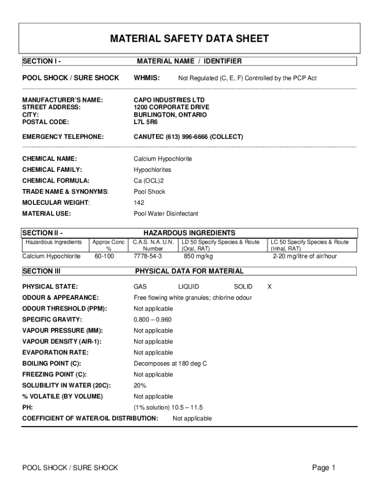 Fillable Online MSDS POOL SHOCK -SURE SHOCK Fax Email Print - pdfFiller