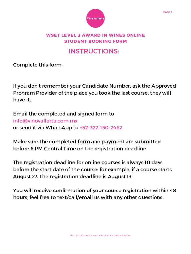 Fillable Online WSET Level 3 Wines Online Student Booking Form Fax ...