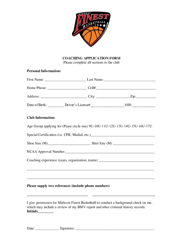 Fillable Online coaching application form Fax Email Print - pdfFiller