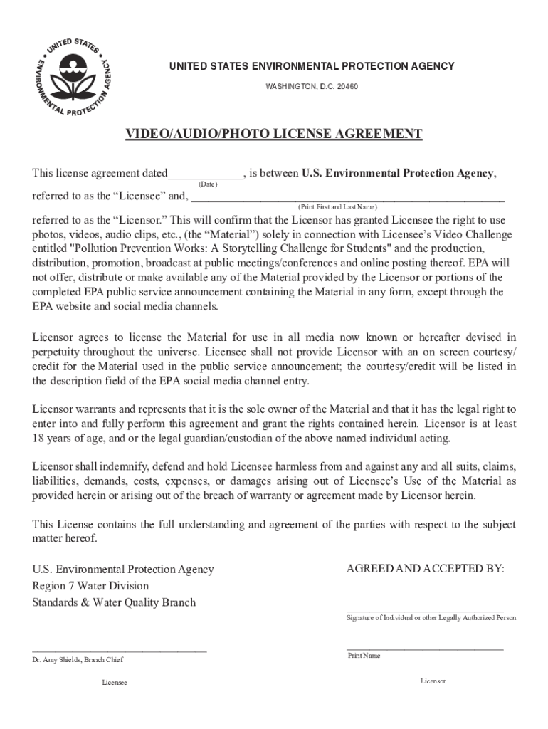 Fillable Online Video/Audio/Photo License Agreement. Pollution ...