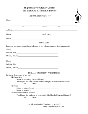 Fillable Online Before DeathPreplanning a Funeral or Memorial Service ...