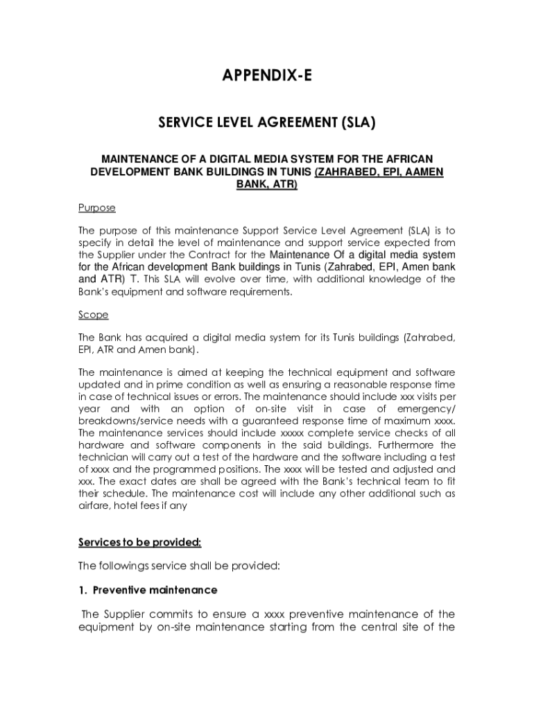 Fillable Online Service Level Agreement (SLA) - Maintenance of a Digital ... Fax Email Print ...