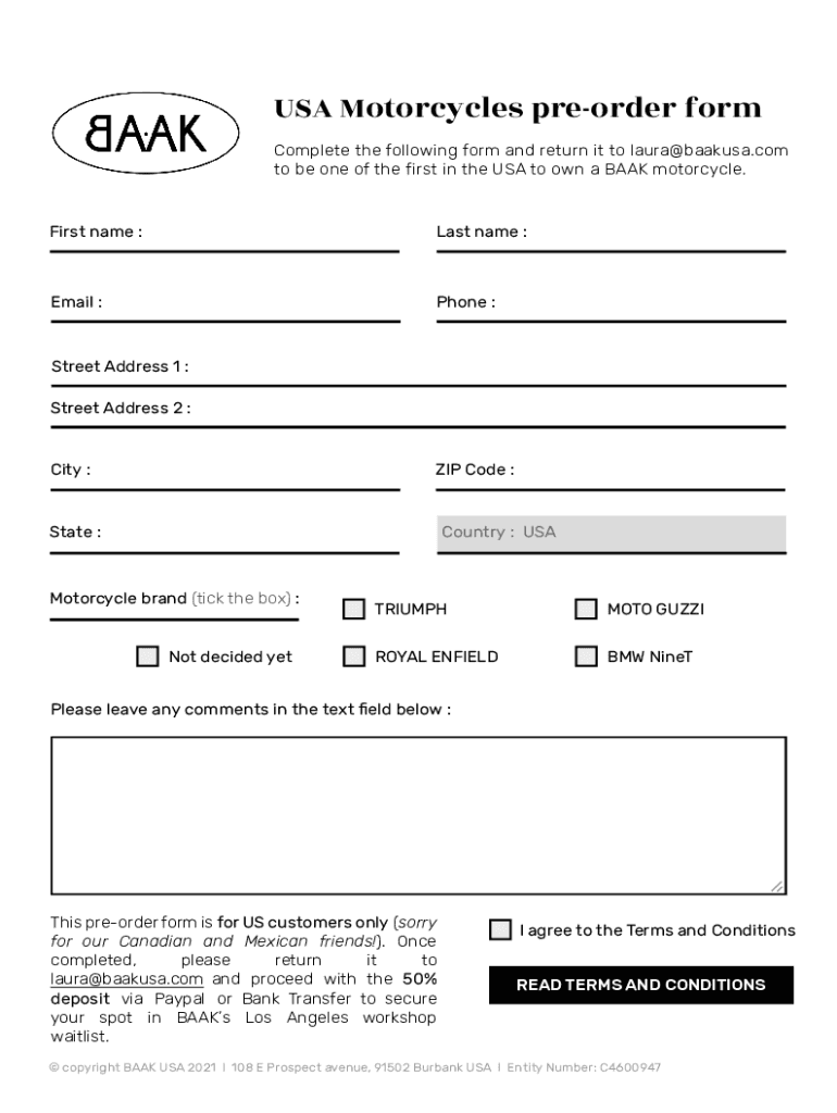 Fillable Online USA Motorcycles pre-order form Fax Email Print - pdfFiller