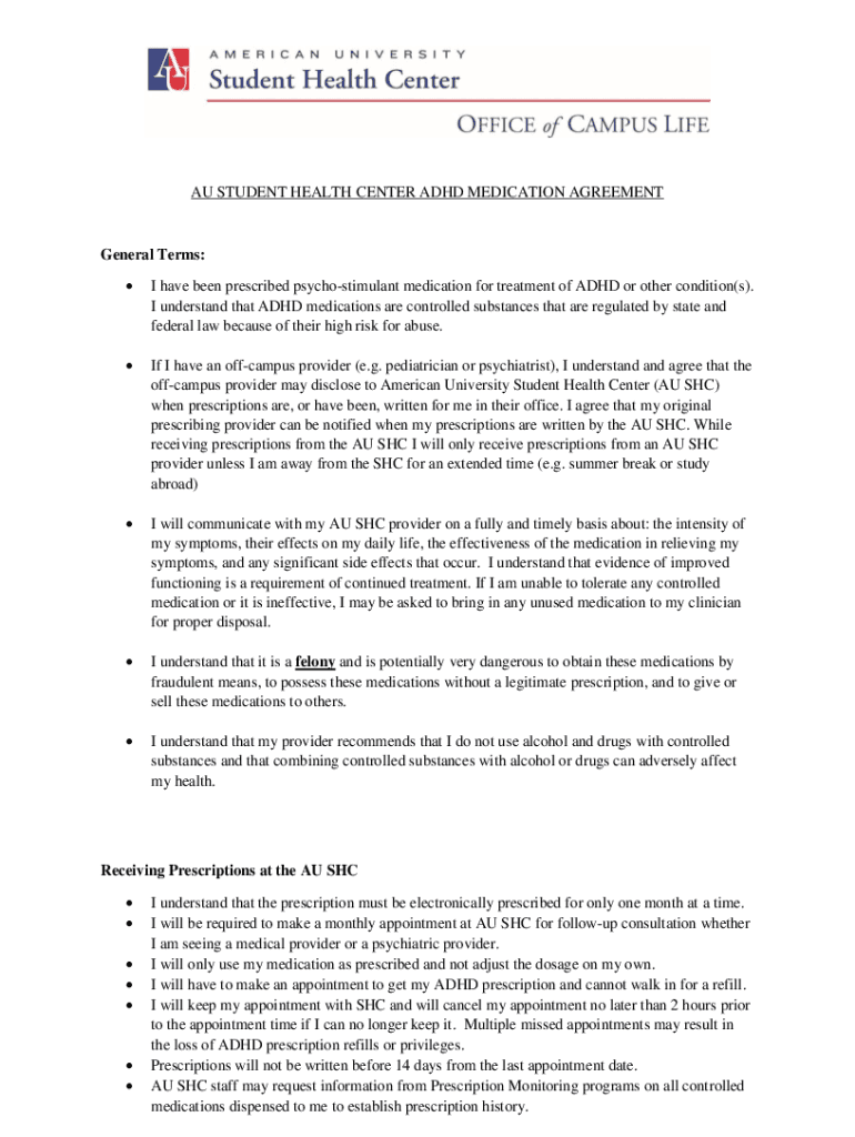 Fillable Online au student health center adhd medication agreement Fax ...