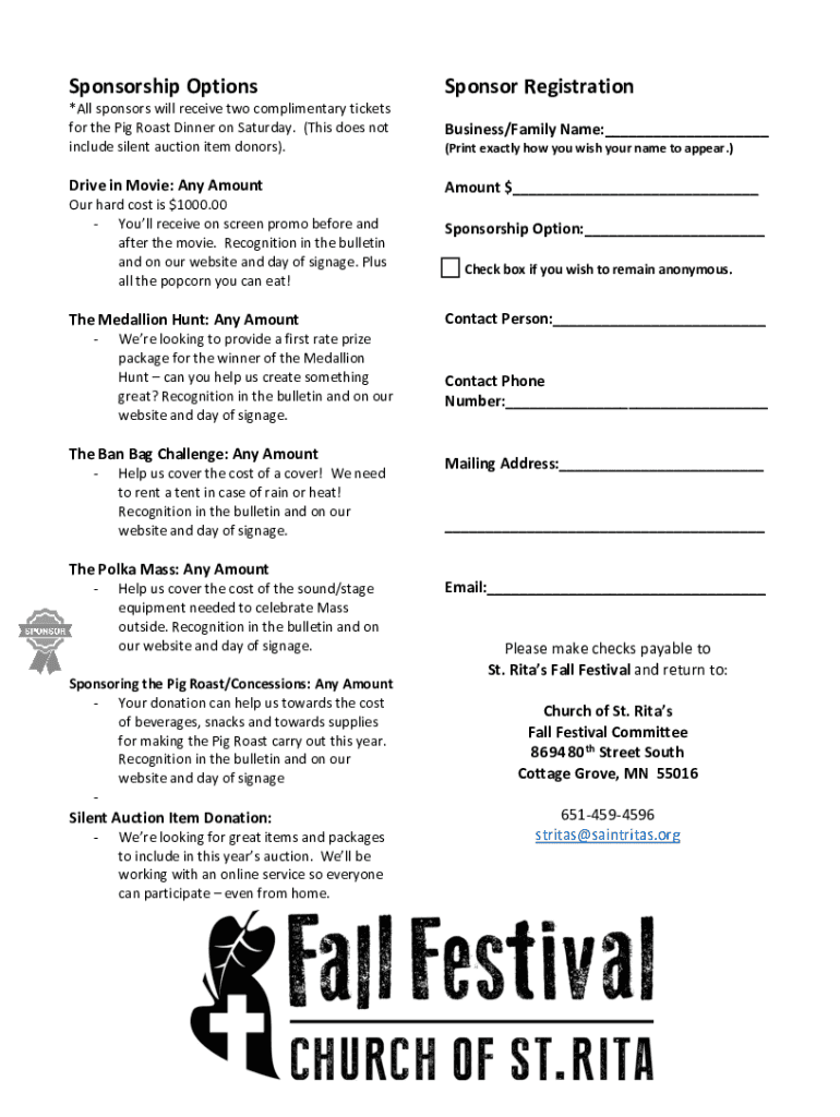 Fillable Online Sponsorship Options Sponsor Registration Fax Email ...