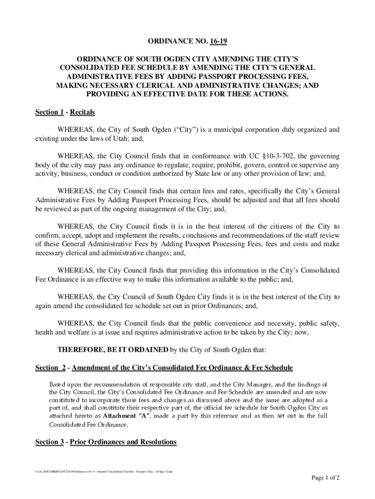 Fillable Online Ordinance 16-19 - Amend Consolidated Fee Ord - Passport ...