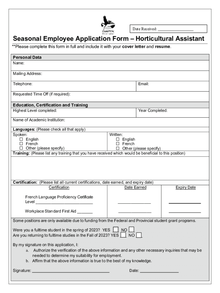 Fillable Online Seasonal Parks Horticultural Assistant Application Fax ...