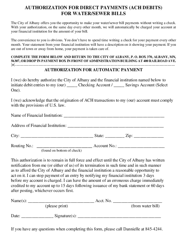 Fillable Online ci albany mn (ACH) Automated Payment Authorization Form (for water ... Fax Email ...